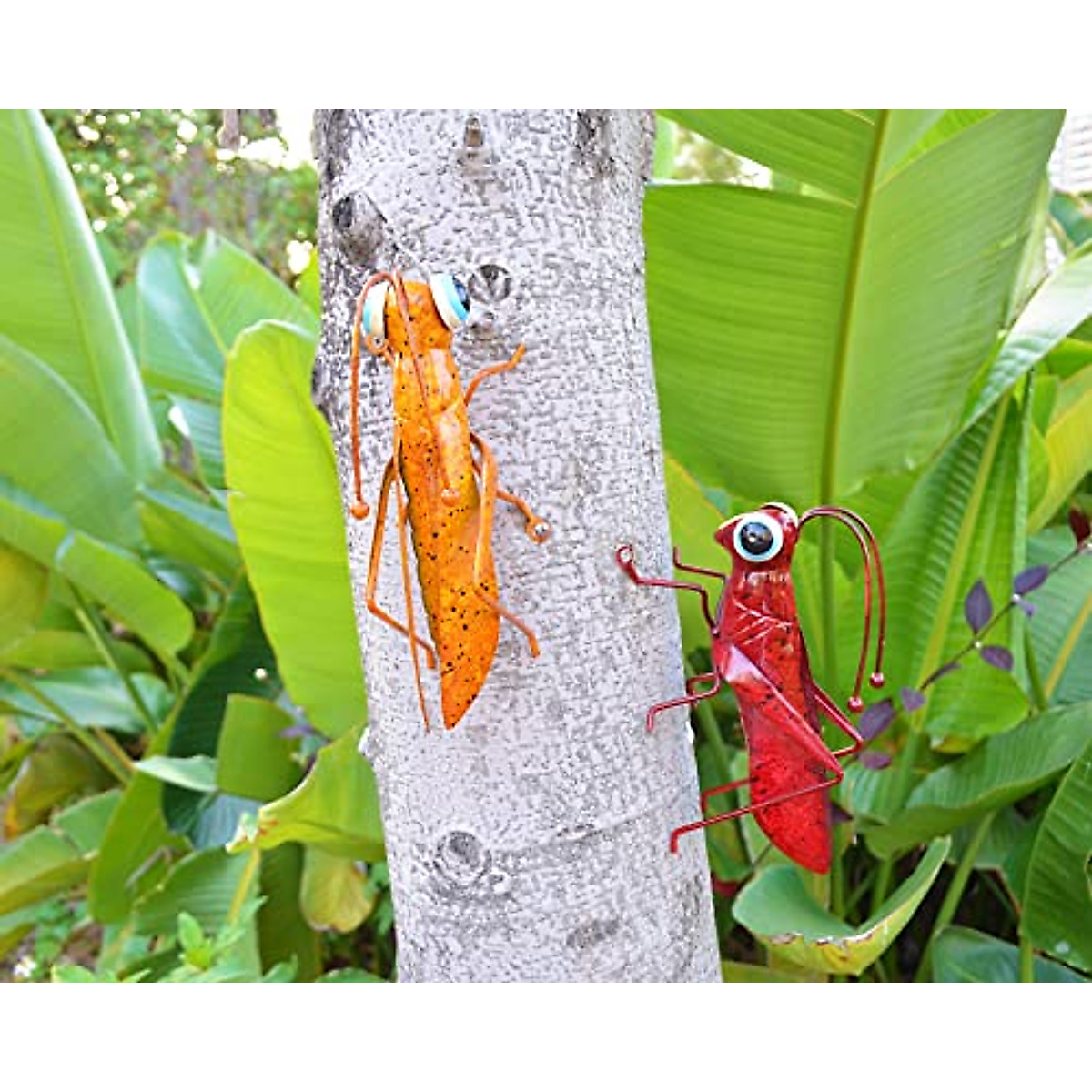 ShabbyDecor Metal Grasshopper Figurine Yard Art Locust Lawn Ornament Mantis Hanging Wall Sculpture Decoration Set of 2,Red&Yellow