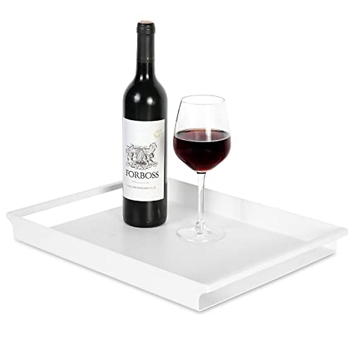 MyGift Decorative Serving Tray, Modern Matte White Metal Rectangle Ottoman Coffee Table Tray with Sleek Rounded Cutout Side Handles