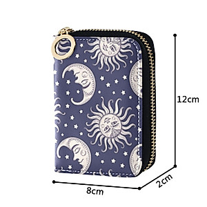 Sletend RFID Credit Card Holder Vintage Sun Moon Leather With Zipper Card Case Wallet for Women Girls