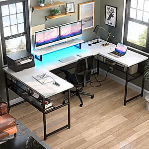 Unikito U Shaped Computer Desk with LED Strip and Power Outlets, Reversible Large Office Desk with Monitor Stand and Storage Shelves, 2 Person L Shaped Gaming Table, 83 Inch U Shape Corner Desk, White