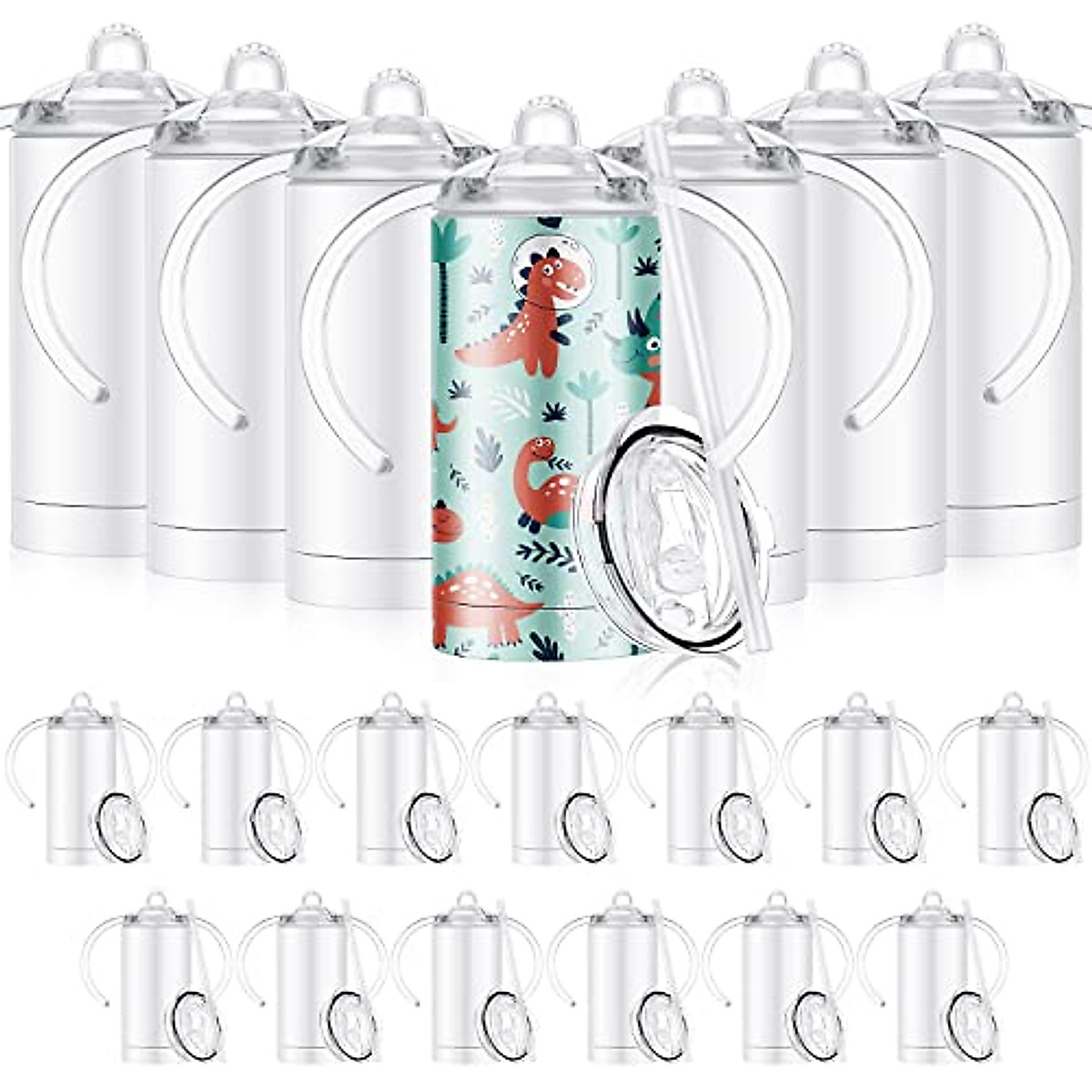 Geetery 20 Pack Sublimation Blanks Sippy Cups Bulk 12 oz White Sublimation Straight Sippy Tumblers with Handle and Lid kids Insulated Stainless Steel Water Bottle Straw Cups for Kids