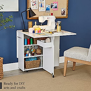 Best Choice Products Folding Dining Table, Multipurpose Collapsible Drop Leaf Extension, Versatile Space Saving Desk Furniture w/Wheels, 3 Storage Shelves, Metal Handle - White