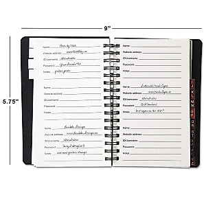 Current Black Password & PIN Keeper Book, 65 Pages, 4.5” x 5 ¾” Size Spiral Bound, Alphabetical Tabs, Plastic Cover Internet Organizer for Offline Website, Login, & Username Storage