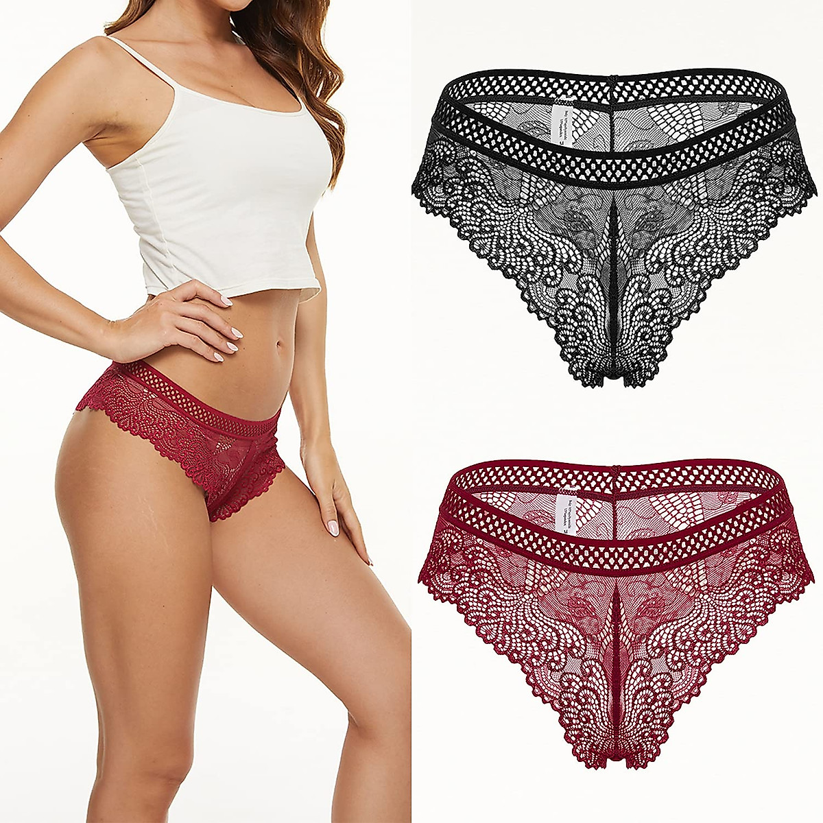 Women's Sexy Lace Thong Panties Bikini Cheeky Underwear Breathable Hipster Panties,6P,S
