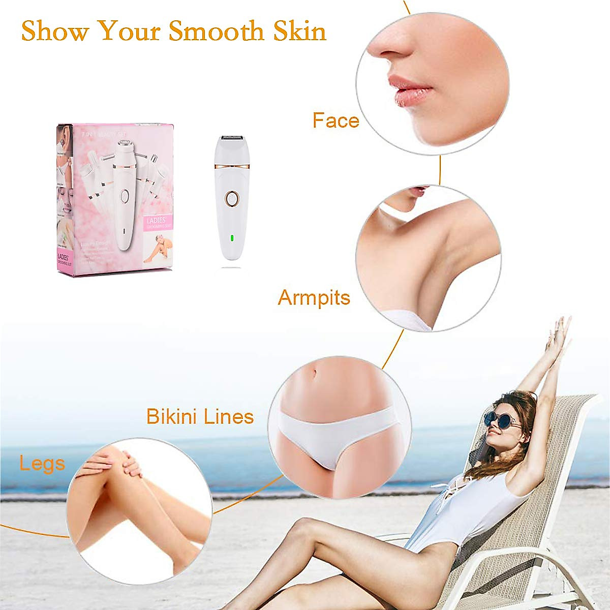 Electric Razor for Women,7 in 1 Painless Lady Shaver Set,Rechargeable Cordless Facial Hair Removal,Bikini Trimmer,for Face,Eyebrow,Nose, Underarm, Arms, Legs