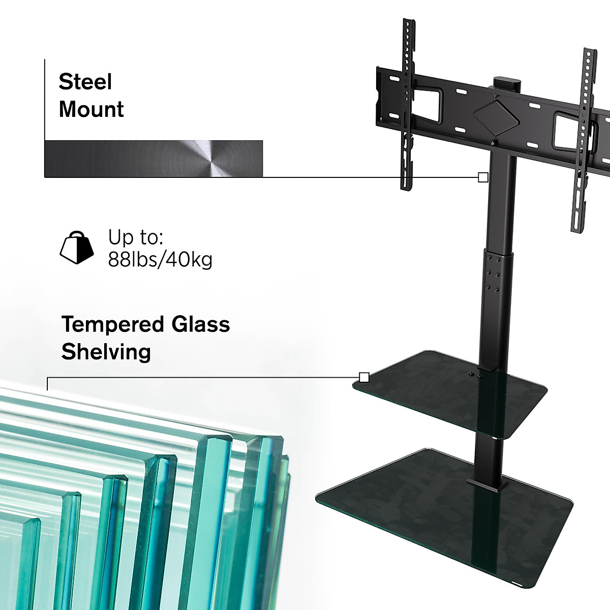 ProMounts Swivel TV Floor Stand for Most 37-72 inch LED LCD OLED Plasma Flat and Curved TV Screens Holds Up to 88 lbs, ±25° Swivel and Height Adjustable with Glass Shelves