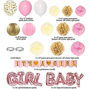 Ouddy Party Pink Baby Shower Decorations for Girl with Its a Girl Banner, Baby Girl Letter Pink Gold Confetti Balloons Paper Pom Poms for Girl Baby Shower Gender Reveal Party Supplies