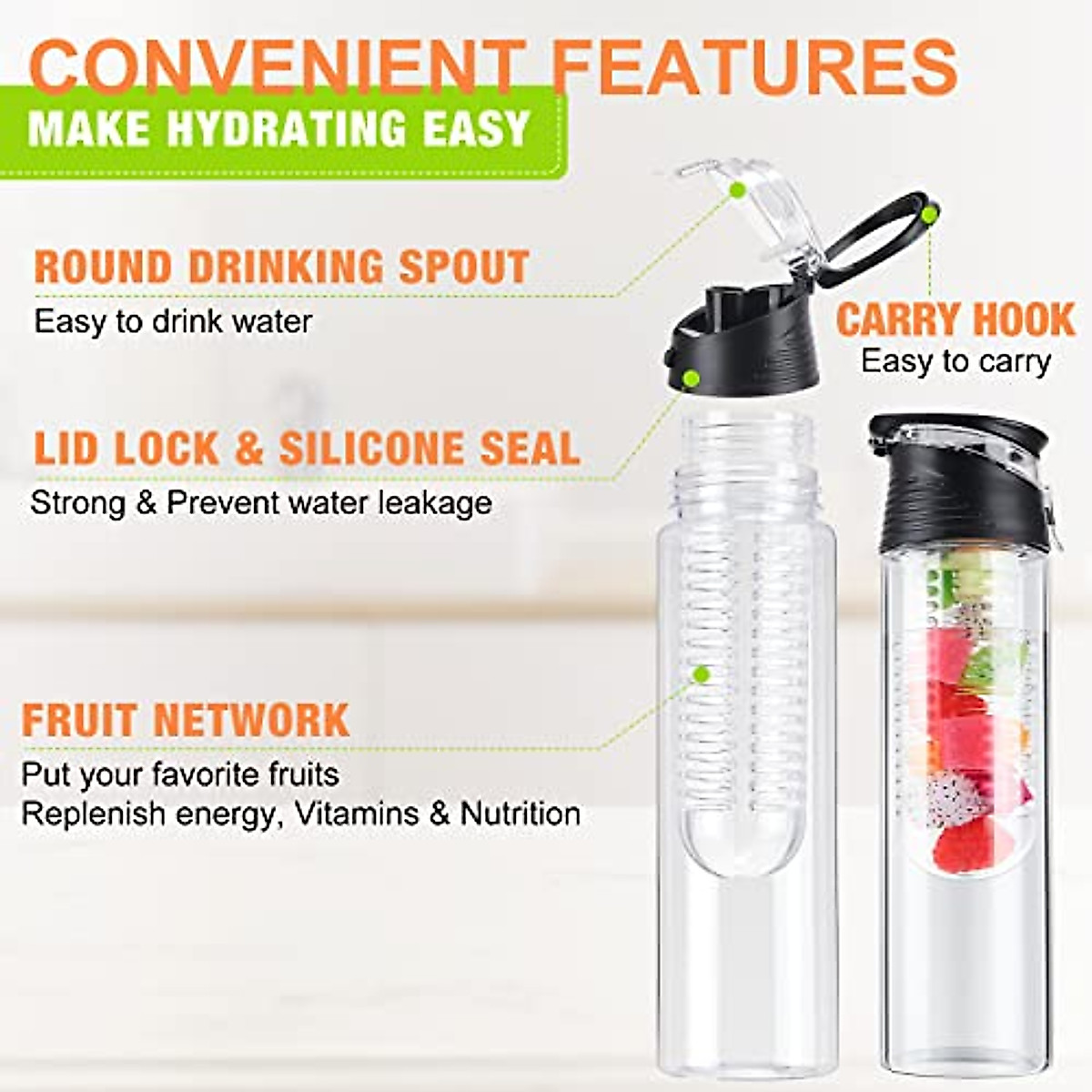 Lallisa 4 Pieces 28 oz Fruit Infuser Water Bottle Leakproof Water Infuser Bottle Large Capacity Plastic Infused Water Bottles for Women Men Gym Bike Camping Travel Tea Drink Gift, Multicolor