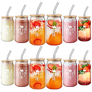 Lallisa 12 Pack Sweet 13/16/18th Gifts for Girls 16 oz Glass Cups with Lids and Straws 13/16/18th Birthday Party Favors for Her 16oz Coffee Glass Cups for Daughter Birthday Gift(Cute 16th Style)