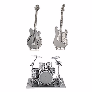 Metal Earth 3D Laser Cut Steel Models - Drum Set, Base Guitar AND Lead Electric Guitar = SET OF 3