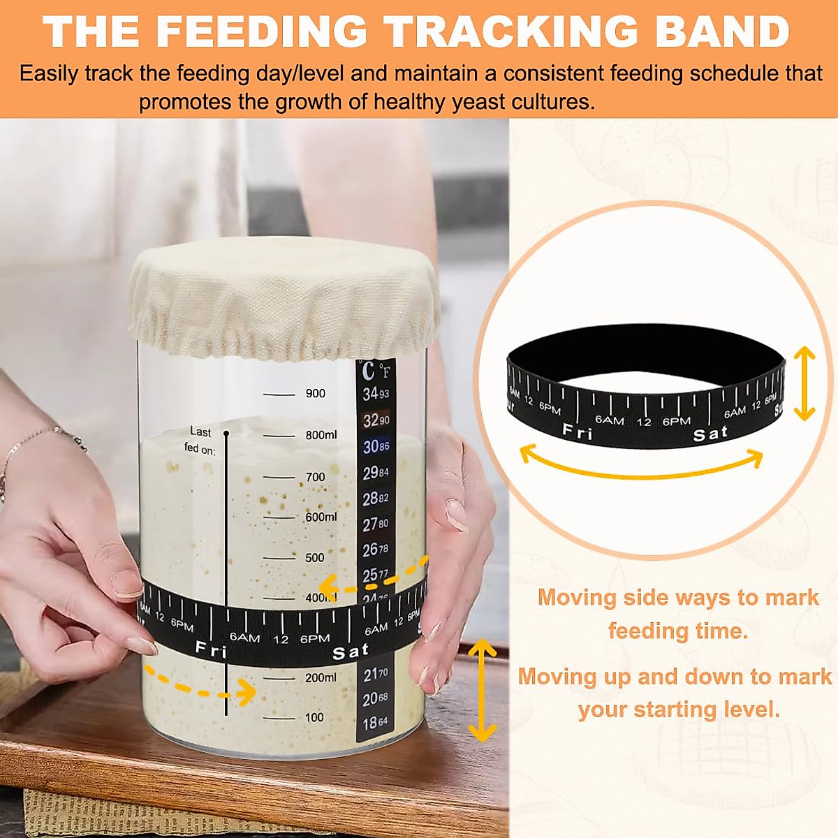 UHAPEER 2 Pack Sourdough Starter Kit, 34Oz Glass Jar Sourdough Starter Jar Kit with Thermometer, Feeding Date Band, Cloth Cover, Spatulas, Measuring Spoon, Reusable Baking Supplies for Beginners