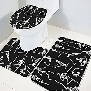 Teather Halloween Skull Bath Rugs Sets 3 Piece Funny Skeleton Yoga Bathroom Mats Set Non Slip Water Absorbent U-Shaped Contour Toilet Mat Black White Toilet Lid Cover, Halloween Black Bath Mat