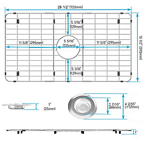 GEDLIRE Stainless Steel Sink Grate Protector for Bottom of Kitchen Sink, 28.5" x 15.5" Metal Kitchen Sink Grid with Centered Drain, Curve Corner Sink Rack with Sink Strainer for Single Sink Bowl