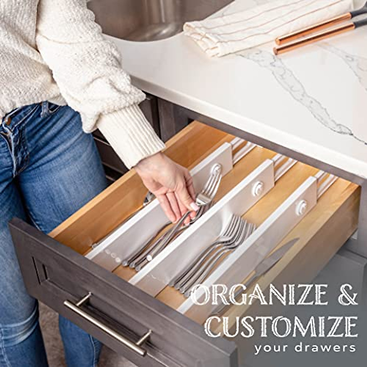Adjustable Drawer Dividers - Lock in Place, Non-Slip, Expandable Separators, No Tools Required. Great Organizer for Closet, Dresser, Drawer, Office Desk and Kitchen Organization. (4-PACK)