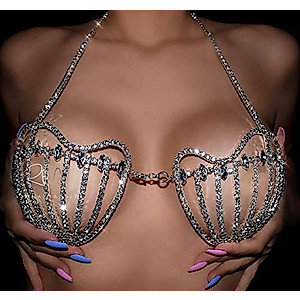 STONEFANS Rhinestone Mermaid Bra Body Chains for Women Sexy Silver Bikini Seashell Bra Chain Harness Nightclub Beach Chest Chain Body Jewelry Accessories