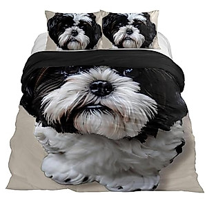 VAPOKF Duvet Covers Set Twin Size Soft and Breathable Microfiber Comforter Bedding Set 1 Duvet Cover 2 Pillowcase with Zipper Closure for Kids Women Men, Black White Shih Tzu Dog Puppy