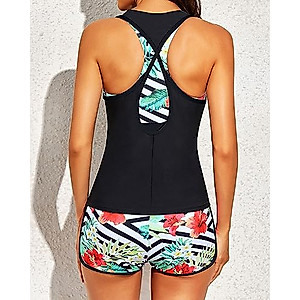 Yonique 3 Piece Athletic Tankini Swimsuits for Women with Shorts Swim Tank Tops with Sports Bra and Boyshorts Bathing Suits Black Orange Floral Print XL