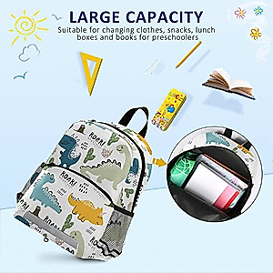 Childish Dinosaur Hand Drawn Toddler Backpack for Kids Boy Girls Age 3-6, Preschool Mini Backpack with Leash