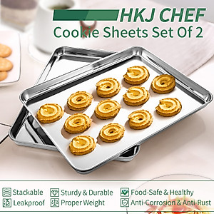 Baking Sheets Set of 2, HKJ Chef Cookie Sheets 2 Pieces & Stainless Steel Baking Pans & Toaster Oven Tray Pans, Rectangle Size 12.5Lx10Wx1H inch & Non Toxic & Healthy & Easy Clean…