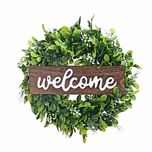 NAHUAA 12 Inch Boxwood Wreath for Front Door Artificial Green Leaves Spring Wreath with Welcome Sign for Farmhouse Wreath Wall Window Wedding Home Table Centerpiece