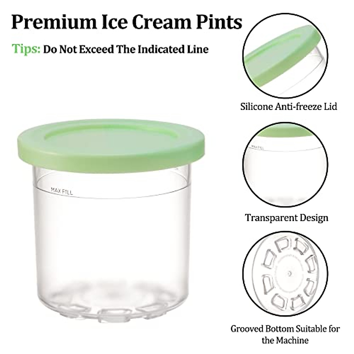 UXIVCKI 4 Pcs Ice Cream Pint Containers Replacement with Silicone Lid, Compatible with NC301 NC300 NC299AMZ Ice Cream Maker, Yogurt and Soup, Airtight & Dishwasher Safe