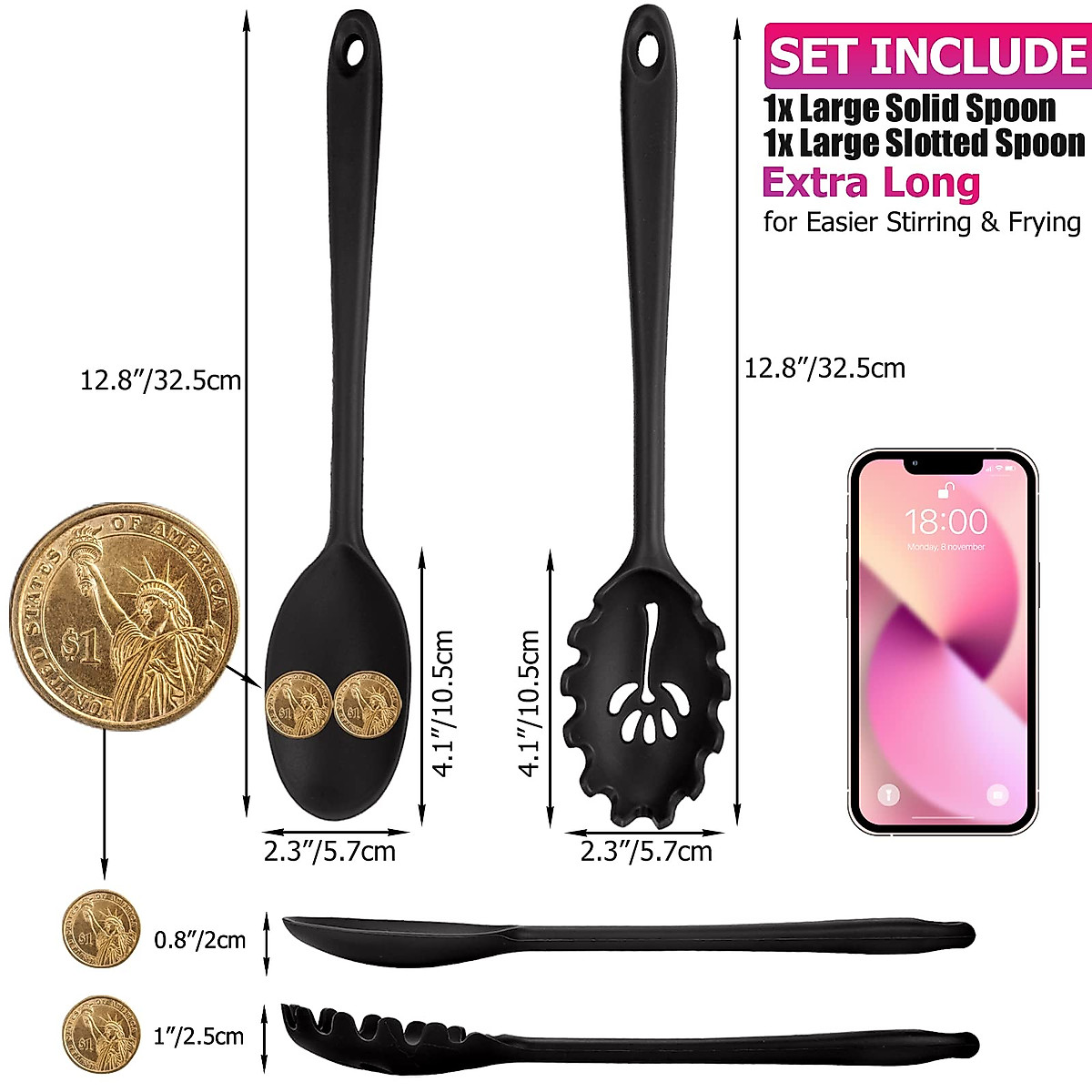 2 Pieces Silicone Cooking Spoons Set Heat Resistant Silicone Spoon Nonstick Mixing Spoons Spaghetti Sever Long Slotted Spoon, Silicone Serving Spoons 13 Inches for Stirring & Frying