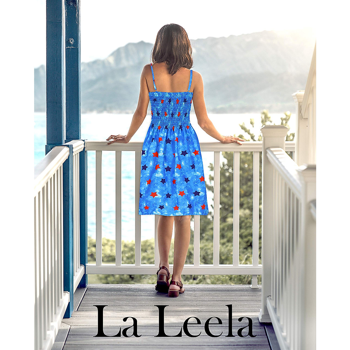 LA LEELA Women's Summer 4th of July American USA Flag Smocked Swing Tube Top Patriotic Dresses for Women One Size Sky Freedom Stars