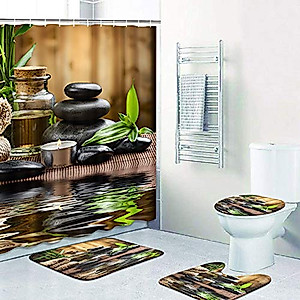 ArtSocket 4 Pcs Shower Curtain Set Stones spa Oil Wood Massage Relax Candle ayurvedic Water Bamboo Green with Non-Slip Rugs Toilet Lid Cover and Bath Mat Bathroom Decor Set 72" x 72"