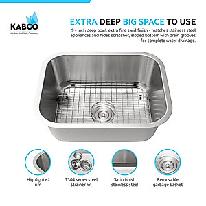 KABCO 23 Inch Single Bowl Stainless Steel Classic Kitchen Bar Sink, Rust, Sound and Heatproof Swirl Finish Stainless Steel Deep Sink with Kitchen Sink Strainer, Bottom Sink Grid and a Rolling Up Grid