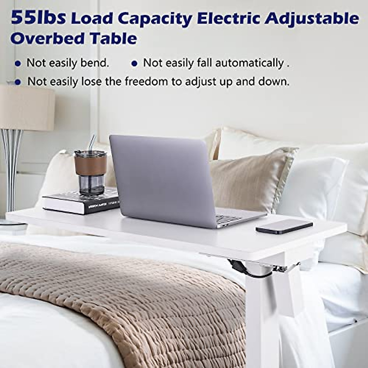 TOPSKY Electric Height Adjustable Overbed Bedside Table with Wheels for Home Office Use (Black + Black Frame)