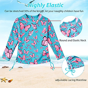 swimsobo Girls Two Pieces Swimsuit Butterfly Bathing Suit Long Sleeve Rash Guard Swimming Skirt with Shorts Swimwear 9 10 Years Old