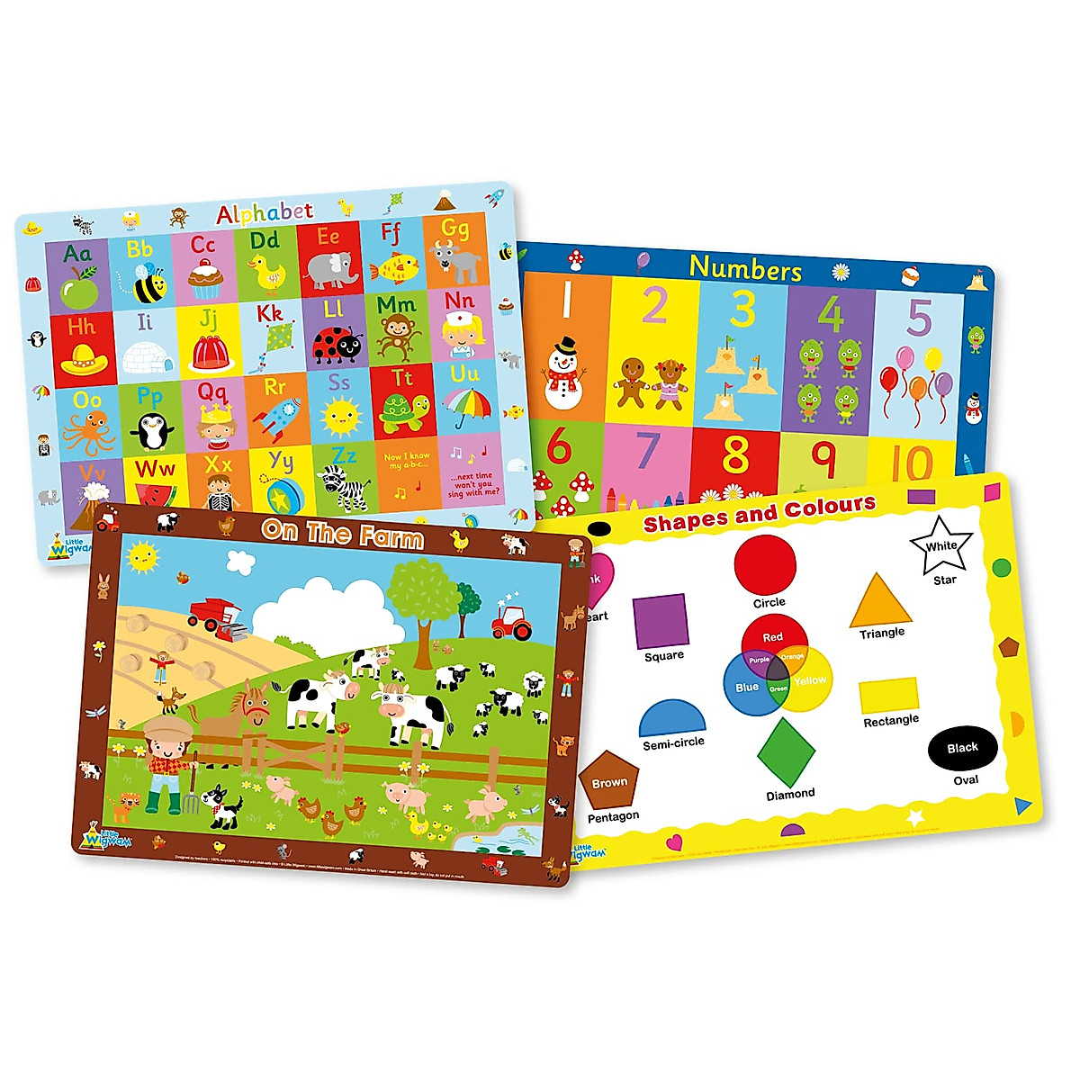 Little Wigwam Toddler Placemat Pack - Set of 4 Educational Placemats - Alphabet, Numbers, On The Farm, Shapes and Colours