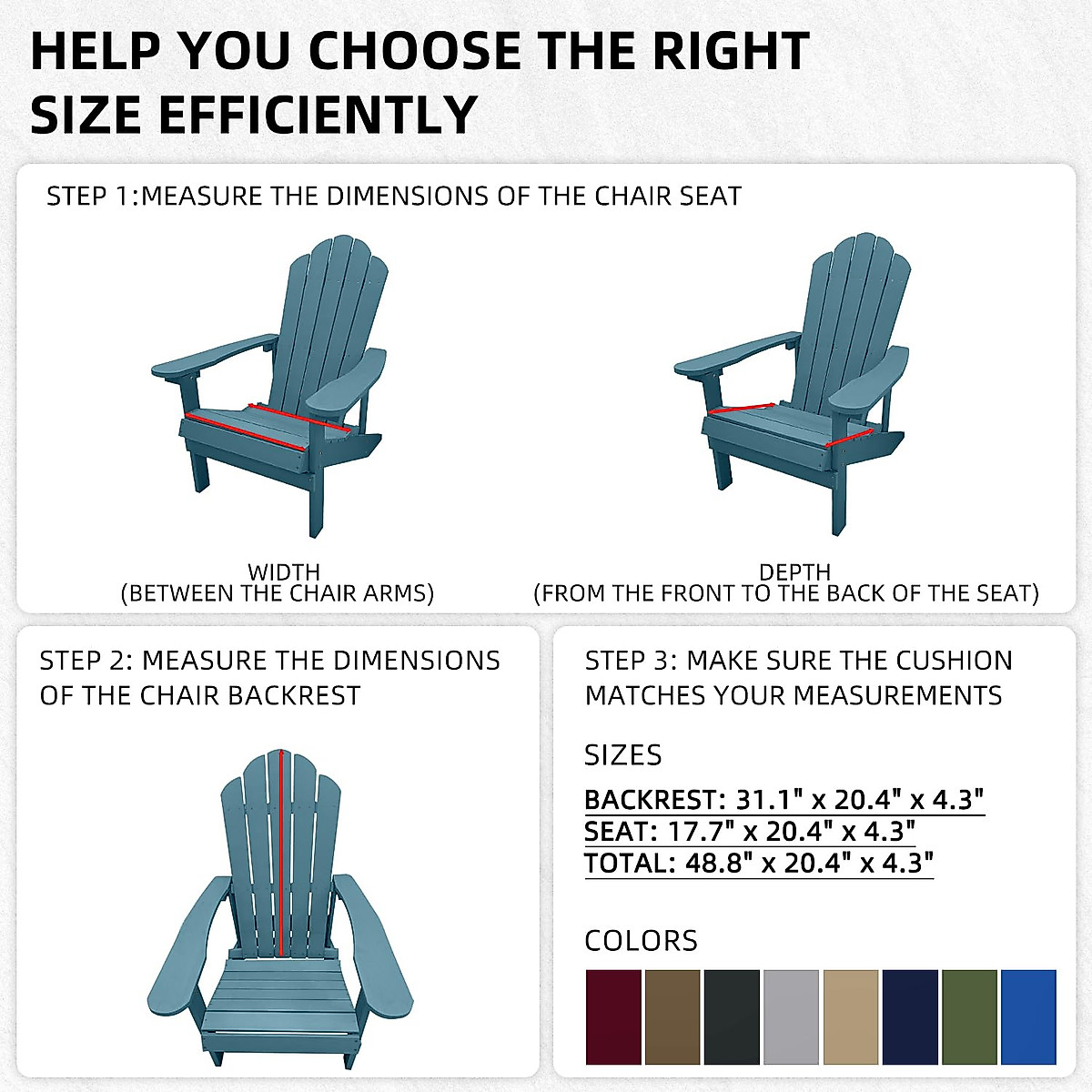 FILUXE Adirondack & Rocking Chair Cushion, High Back Patio Cushions - Waterproof Solid Tufted Pillow, Indoor/Outdoor Pads with Ties, Fade-Resistant & Seasonal All Weather Replacement (Deep Gray, 1)