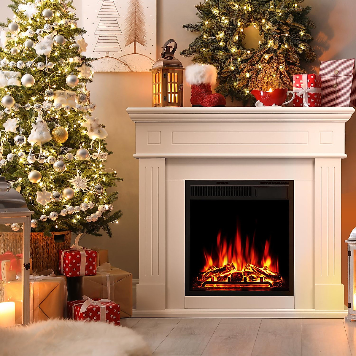 Havato 43" Electric Fireplace with Mantel, Wooden White Fireplace Mantel with Remote Control, Freestanding Fireplace, Handmade Paint Finish Fireplace Mantel, 7Level Adjustable Led 3DFrame, 750W/1500W