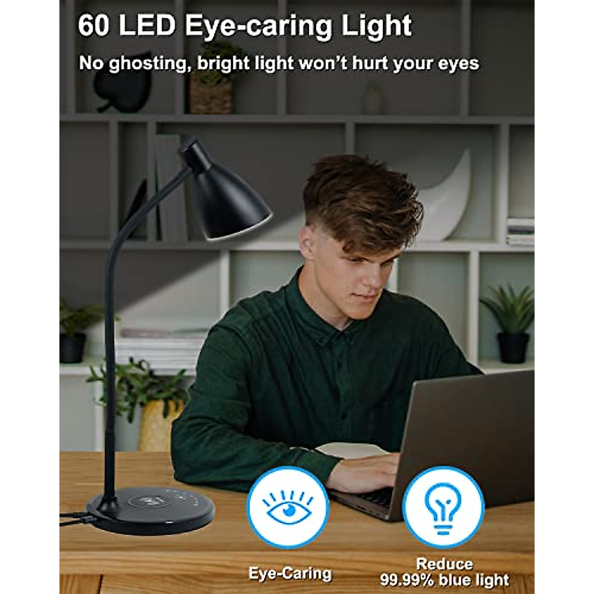 KAiSnova Desk Lamp with Wireless Charger & USB Charging Port, 60 LED Desk Lamps for Home Office, 5 Color & 7 Levels Brightness Touch Control Table Lamp, Gooseneck Desk Lamps for Bedroom Bedside Dorm