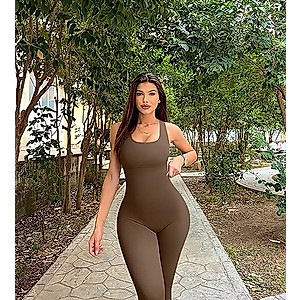 OQQ Women's Yoga Workout Ribbed Sleeveless Racerback Padded Sports Exercise JumpSuit Bra, Coffee, Small