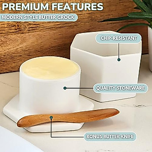 French Butter Crock w/Lid & Wood Spreading Knife - White Modern Butter Keeper for Counter - Modern Hexagon Shape Butter Dish - Stoneware Butter Crock - Dishwasher Safe Butter Storage