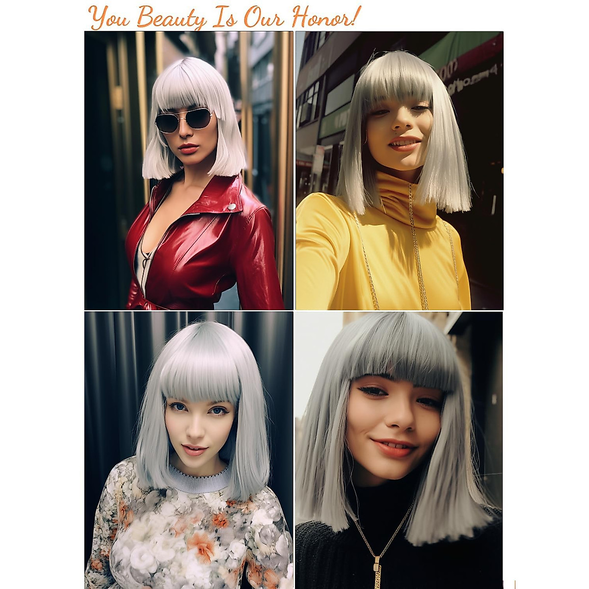BESTUNG Short Silver Bob Wigs with Bangs,Short Straight Bob Silver Wigs for Women Hair Bob Cut Wig Shoulder Length Wig,Natural Looking Cosplay Daily Party Wig Halloween(12Inch)