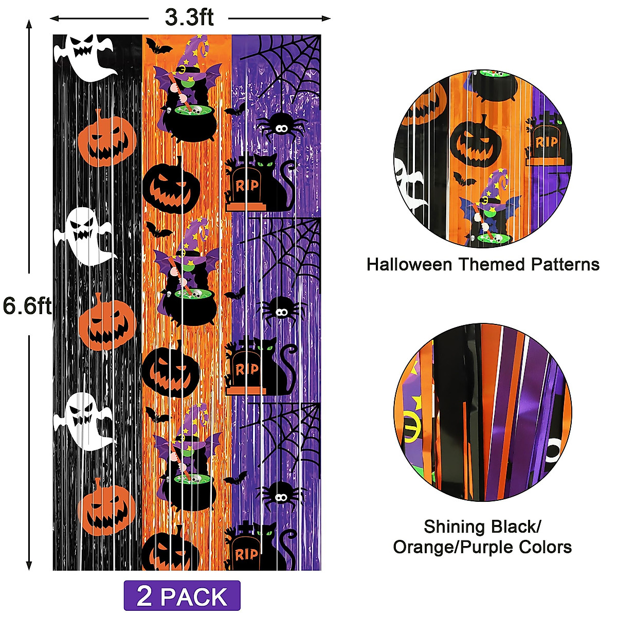 Foil Fringe Curtains Halloween Party Decorations, 2 Pack 3.3 x 6.6 FT Black Orange Purple Tinsel Fringe Curtain Halloween Decor Indoor Photo Backdrop Streamers for Halloween Birthday Party Decorations
