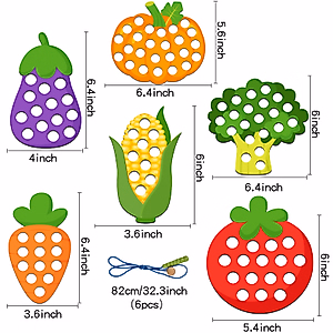 6 Pcs Lacing Toy Toddlers, Vegetable Wooden Threading Toys, Educational and Learning Montessori Activity Baby and Kids, Fine Motor Skill Toys, Pumpkin, Corn, Tomato, Eggplant, Broccoli, Carrot