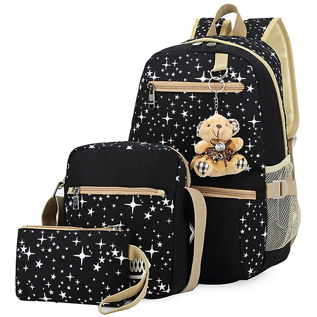 Star Print Girls Canvas Backpacks Set for School, School Bags Bookbags for Teenage Girls, with Crossbody Bag, 3 Pieces