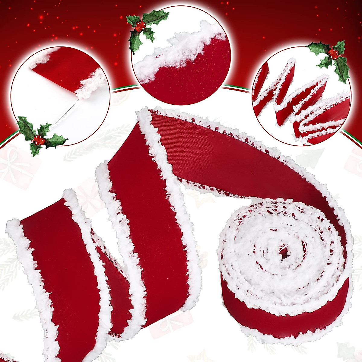 2 Rolls Christmas Velvet Decorative Ribbons - Craft DIY Ribbons with Wire Edge for Christmas & Holiday Decoration (Red, 1.5 Inch x 12 Yard)