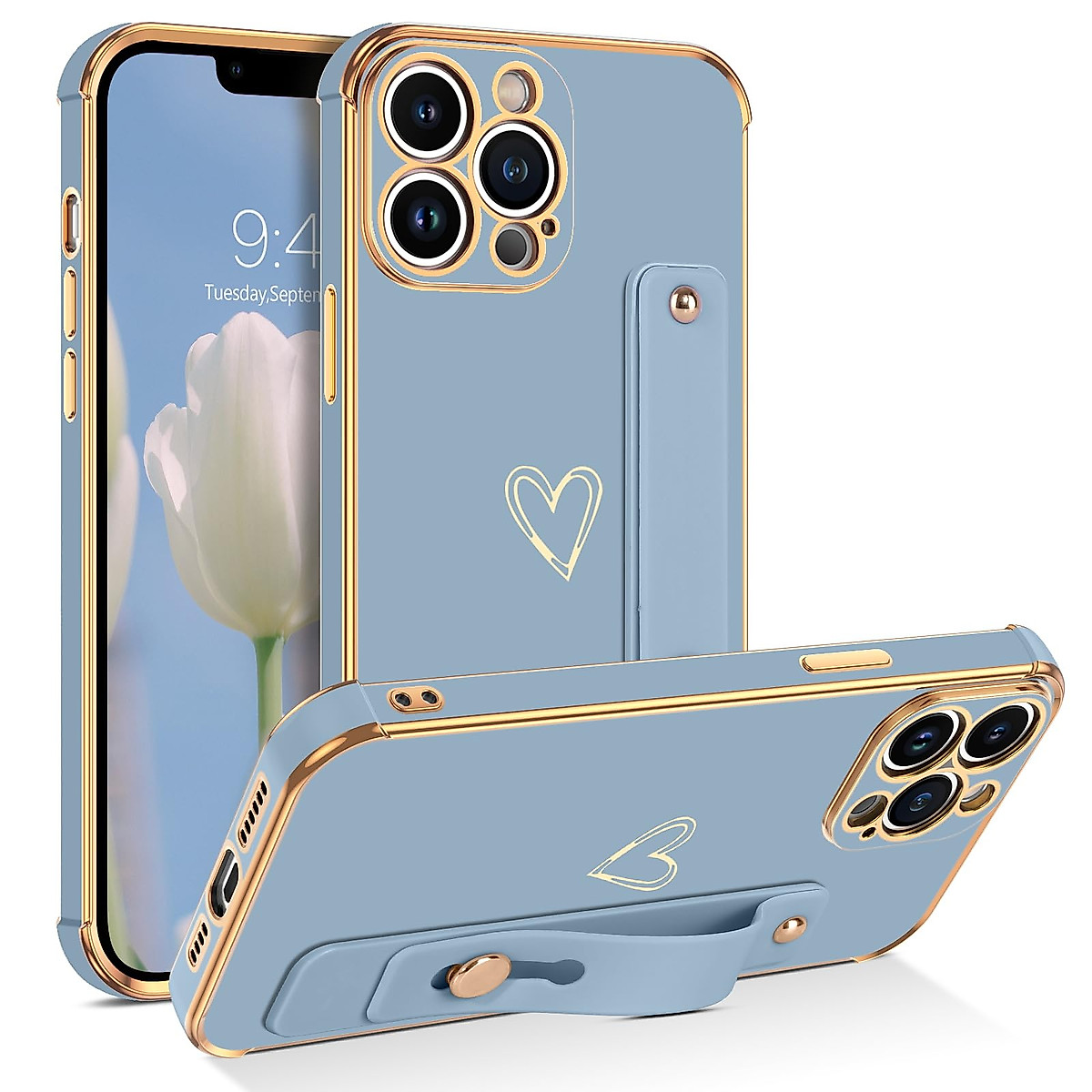 BENTOBEN for iPhone 13 Pro Max Phone Case, Cute Heart Adjustable Strap Wristband Kickstand Holder Shockproof Protective Soft TPU Luxury Plating Raised Trim Girls Women iPhone 13 Pro Max Case, Gray