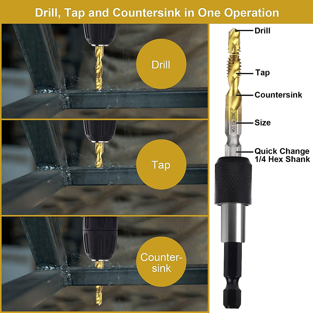 Valkynos Drill Tap Set with Quick-Change Adapter of 13Pcs, 6 SAE Sizes: 6-32NC to 1/4-20NC, 6 Metric Sizes: M3 to M10, Titanium Combination Drill & Tap Bit Set for Drilling Threads, Tapping