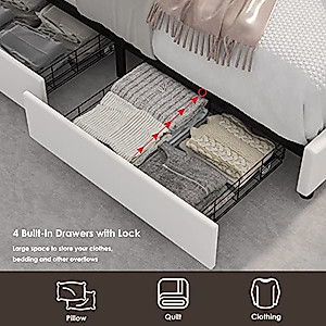 HOSTACK Full Bed Frame with 4 Storage Drawers, Upholstered Platform Bed Frame with Button Tufted Headboard, Heavy Duty Mattress Foundation with Wooden Slats, No Box Spring Needed (White, Full)