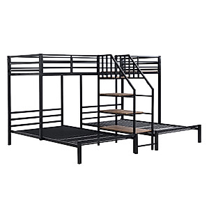 Eafurn L-Shaped Metal Triple Bunk Bed for 3, Twin Over Twin &Twin Bunk Bed with Storage Staircase, Heavy Duty 3 Beds Bunk Bed Frame for Kids Teens Adults