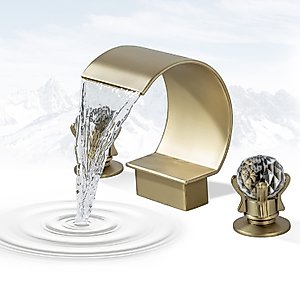 BANGPU Bathroom Sink Faucet 3 Hole Widespread Waterfall Bathroom Faucets with Crystals Handles Basin Mixer Tap 8-Inch High Arc Vanity Faucet with Supply Hose, Brushed Gold