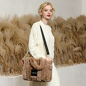 Herald Large Tote Bags For Women Soft Winter Fluffy Fuzzy Furry Plush Top Handle Purse and Handbag With Shoulder Strap (Khaki)