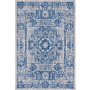 Rugs.com Outdoor Traditional Collection Rug – 4' x 6' Blue Flatweave Rug Perfect for Entryways, Kitchens, Breakfast Nooks, Accent Pieces