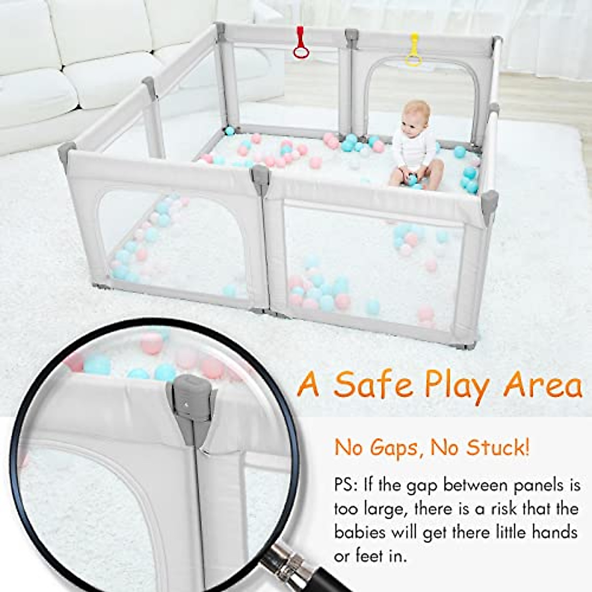 Adjustable Baby Playpen 71''x59'' Play Pens for Babies and Toddlers Foldable Baby Playards with Gate Large Baby Fence Play Area, Light Grey